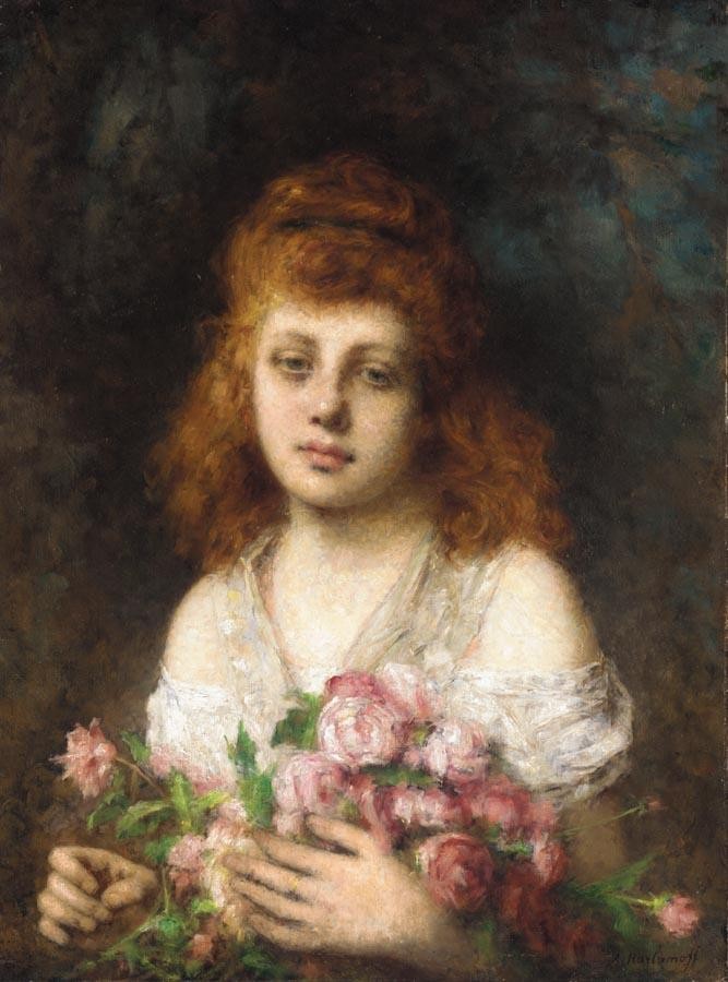 Alexei Alexeivich Harlamoff Auburn-haired Beauty with Bouqet of Roses ...